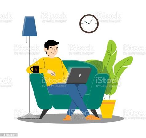 홈 벡터 컨셉 일러스트레이션에서 일하는 젊은 성인 남자 뜨거운 커피 나 차 한 잔과 아늑한 안락 의자에 앉아 노트북 프리랜서