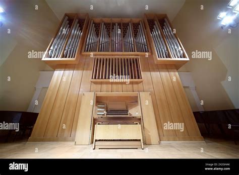 Massive Wooden Pipe Organ With Long Metal Tubes Control Panel Stock