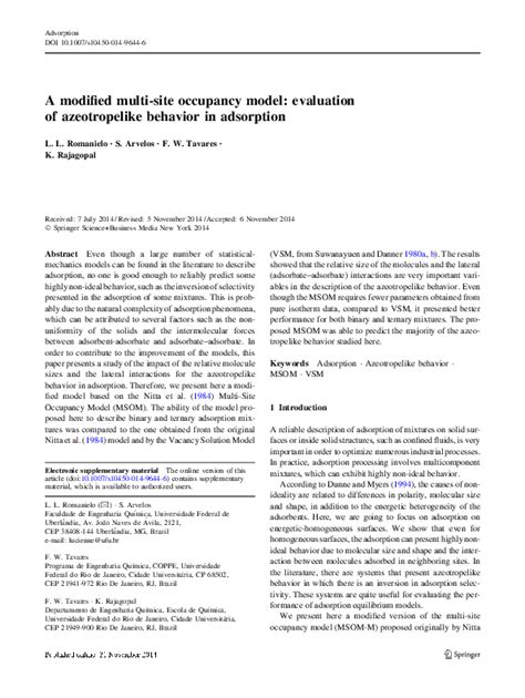 Pdf A Modified Multi Site Occupancy Model Evaluation Of Azeotropelike Behavior In Adsorption