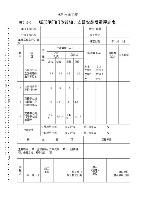 表2 9 2弧形闸门门体铰轴支臂安装质量评定表 doc 工程项目管理资料 土木在线