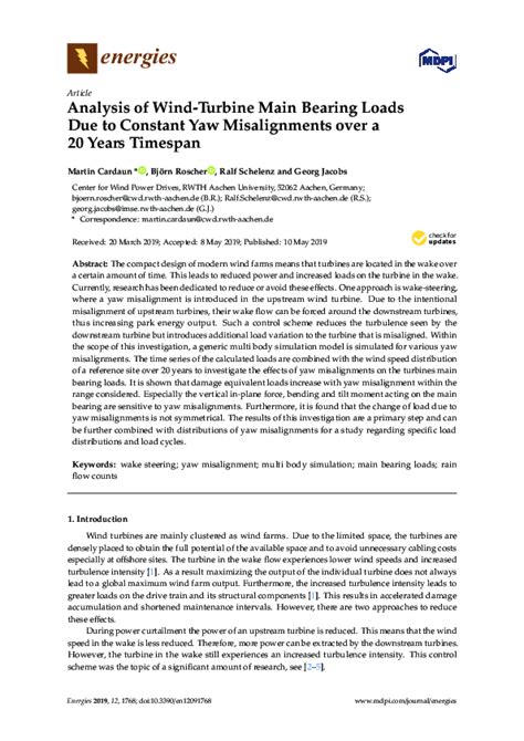 Pdf Analysis Of Wind Turbine Main Bearing Loads Due To Constant Yaw