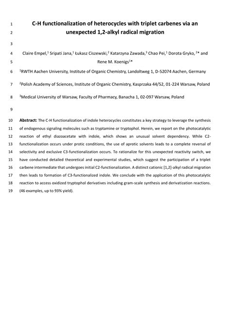 Pdf C H Functionalization Of Heterocycles With Triplet Carbenes Via