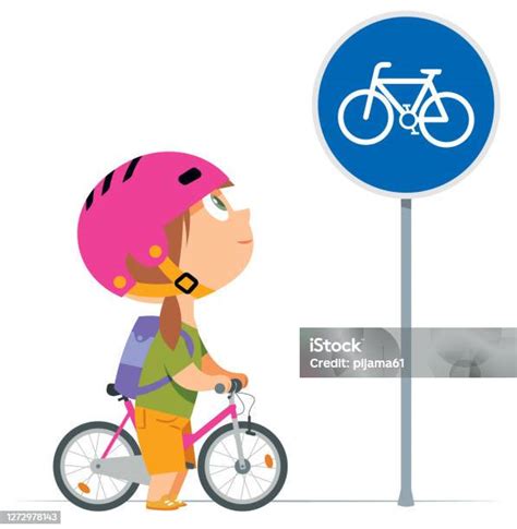 자전거를 타는 소녀 자전거 전용 도로 표지판 교통 교육 규칙 교통 아동의 안전 아이에 대한 스톡 벡터 아트 및 기타 이미지 아이 거리 교육 Istock