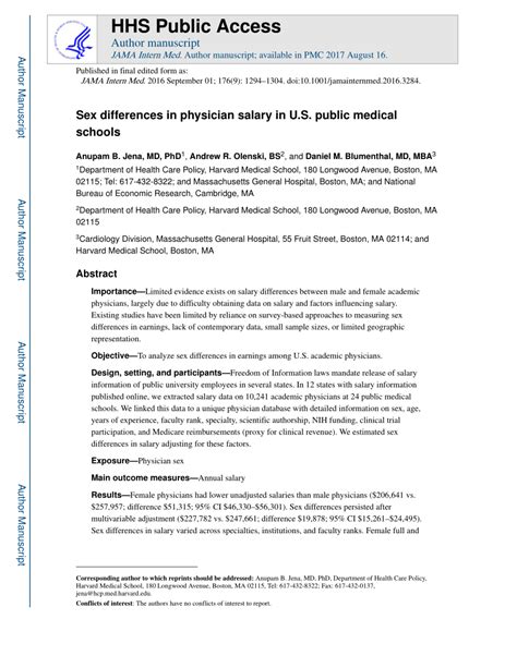 Pdf Sex Differences In Physician Salary In Us Public Medical Schools