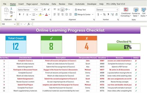 Online Learning Progress Checklist In Excel Pk An Excel Expert