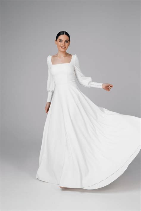 Square Neck Wedding Dress With Long Sleeves Minimalist Low Etsy
