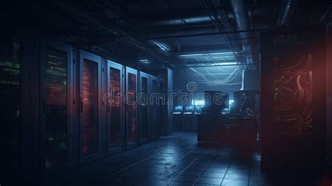 Dark Server Room With Glowing Computer Equipment Stock Image Image Of