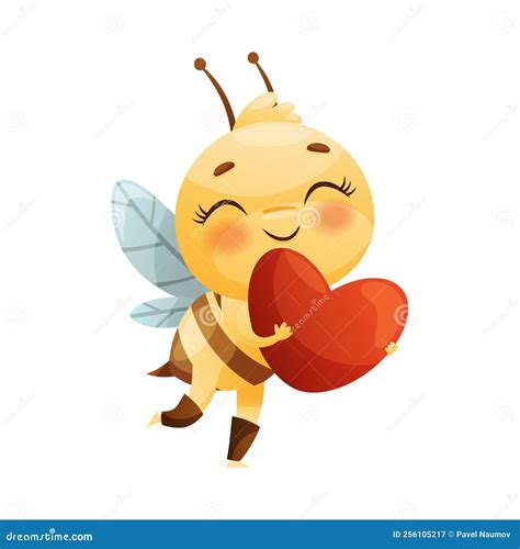 Cute Flushed Bee Character With Striped Yellow Body And Wings Holding
