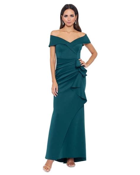 Xscape Off The Shoulder Ruffle Scuba Gown In Blue Lyst