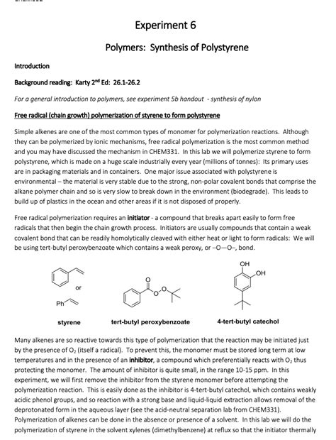 Experiment 6 Polymers Synthesis Of Polystyrene