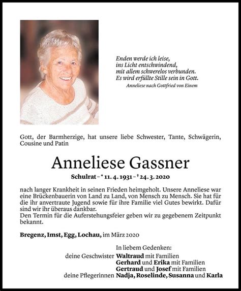 Todesanzeigen Von Anneliese Gassner Todesanzeigen Vorarlberger