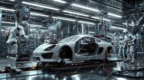 Robots Assemble Sports Car On Assembly Line In Futuristic Car Factory