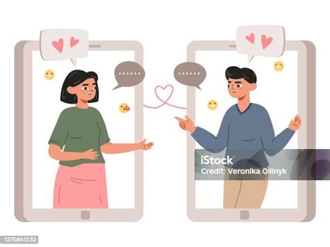 데이트 모바일 앱 완벽한 일치 낭만적 인 커플 채팅 온라인 데이트 앱 관계 통신 벡터 일러스트레이션 가상 데이트 앱 개념
