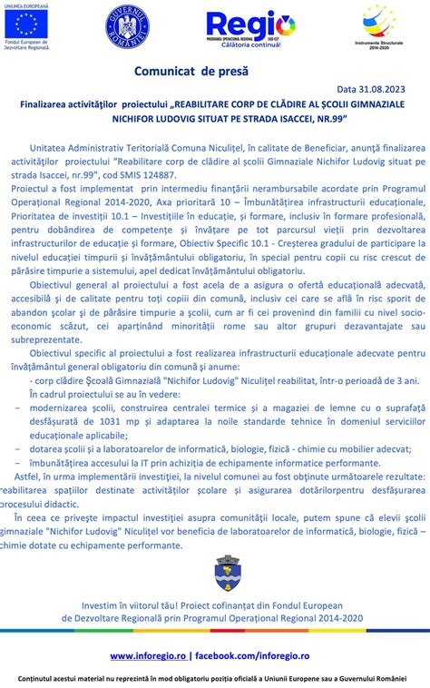 Finalizarea activităţilor proiectului REABILITARE CORP DE CLĂDIRE AL