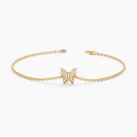 14k Gold Diamond Butterfly Bracelet Solid Gold Butterfly Etsy