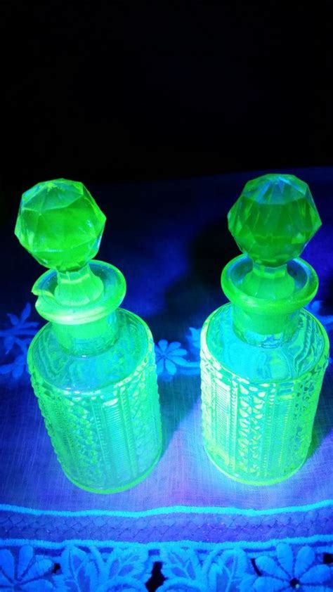 Small Antique Vaseline Uranium Perfume Bottles Pair Vaseline Perfume