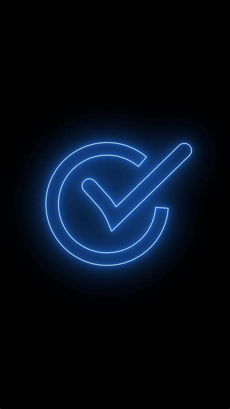 Neon Check Mark Symbol Glowing On A Black Background With Smooth