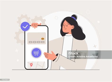 온라인 지불 개념 스마트 폰에서 응용 프로그램과 함께 온라인으로 구매 또는 구매하는 여성 순서 처리 된 은유 벡터 일러스트레이션