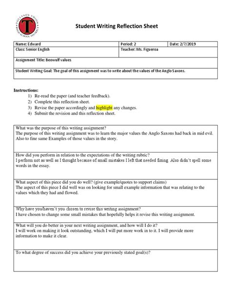 Senior Portfolio Reflection Sheets Pdf Career And Growth Language