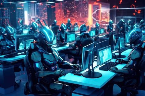A Futuristic Scene Of Humanoid Robots Working At Computers In A Hightech Environment Premium