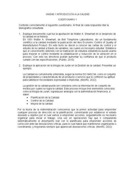 Cuestionario 1 Unidad 1 IntroducciÓn A La Calidad 1 Recuperado