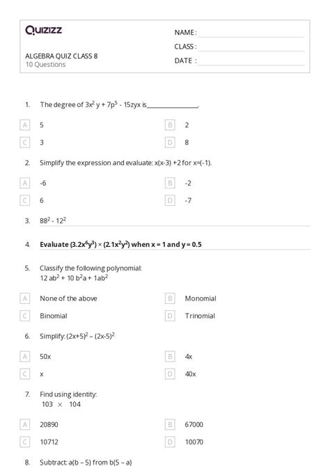 50 Algebra Worksheets For 7th Class On Quizizz Free And Printable