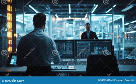 Professional Male In White Shirt Analyzing Data On Computer Screens In Modern High Tech Control