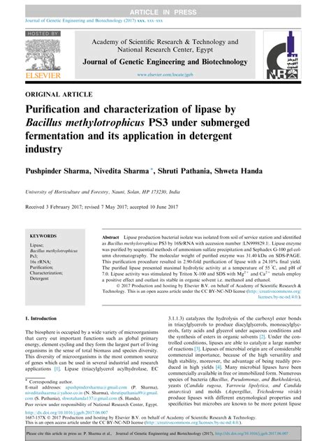 Pdf Purification And Characterization Of Lipase By Bacillus Methylotrophicus Ps3 Under