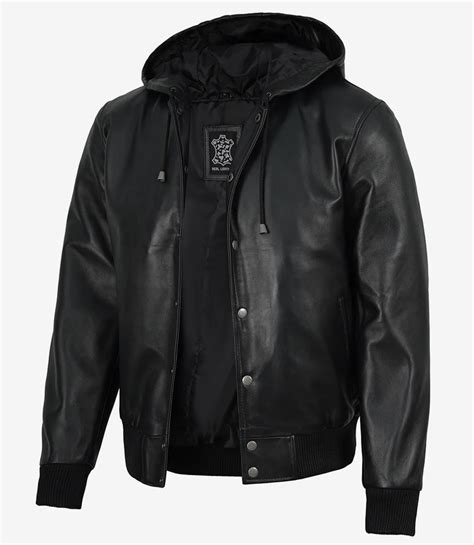 Mens Black Hooded Leather Bomber Jacket Letterman Style