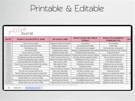 gratitude journal template excel spreadsheet mindfulness etsy