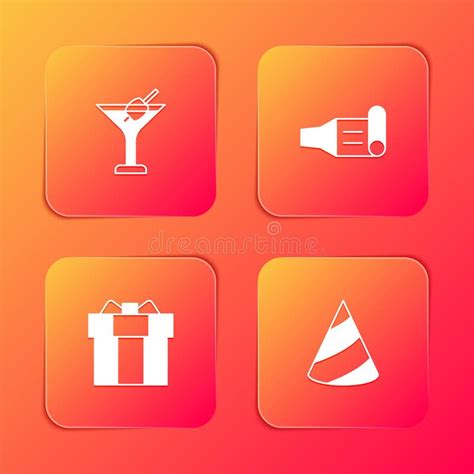 Set Martini Glass Birthday Party Horn T Box And Party Hat Icon