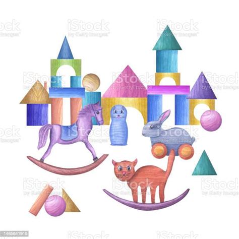 흰색 배경에 격리된 어린이 나무 장난감 세트의 수채화 그림 보육원 어린이 방 장식 친환경 소재 어린이 장난감 인쇄 포스터 배경 장식 벽지 포장 0명에 대한 스톡 벡터 아트
