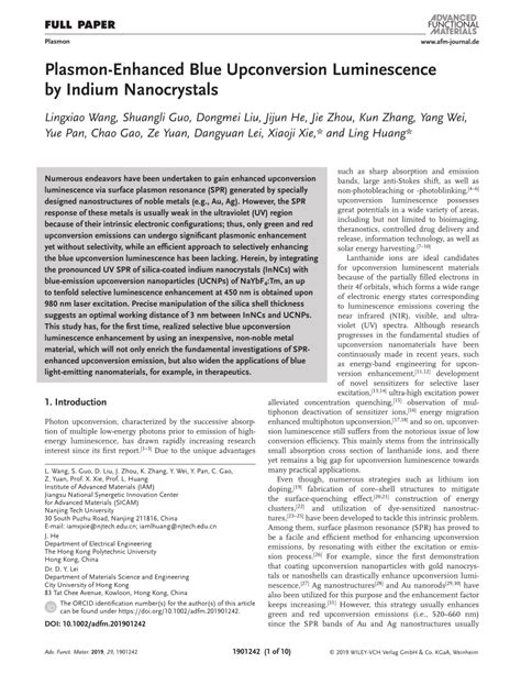 Plasmon‐enhanced Blue Upconversion Luminescence By Indium Nanocrystals Request Pdf