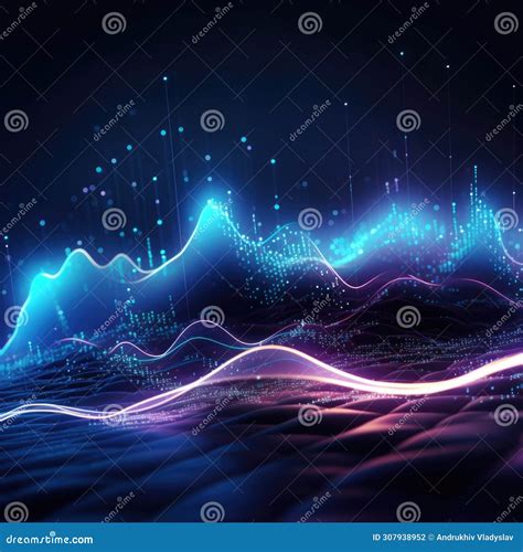 Digital Dynamic Wave Of Particles Abstract Futuristic Background With Neon Lights Dots And