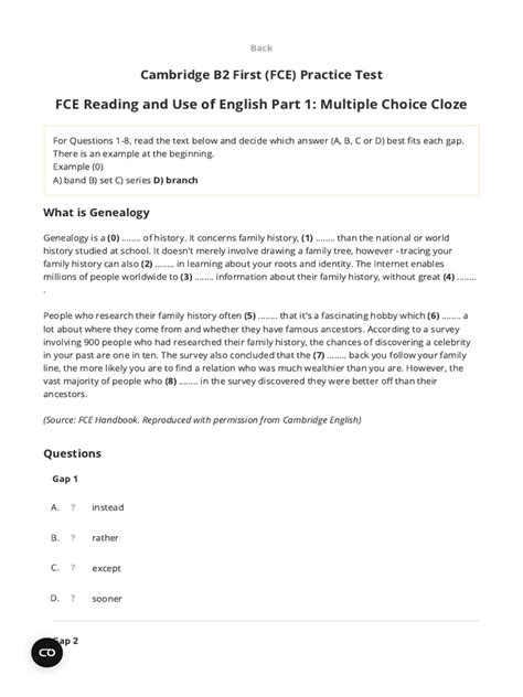 Fce Part 1 Multiple Choice Cloze Practice Test Pdf Multiple Choice Linguistics