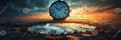 Surreal Sunset With Big Clock Reflection And Disintegrating Time