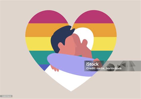 성소수자 공동체 무지개 하트 배경에 껴안고 있는 두 명의 남성 성인 사랑은 사랑 인권 하트 모양에 대한 스톡 벡터 아트 및 기타