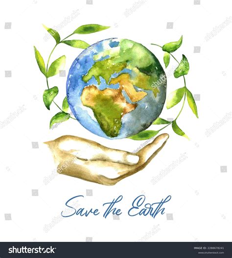 Watercolor Hand Holding Planet Earth Green Stock Illustration