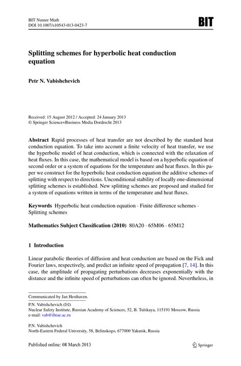 Pdf Splitting Schemes For Hyperbolic Heat Conduction Equation