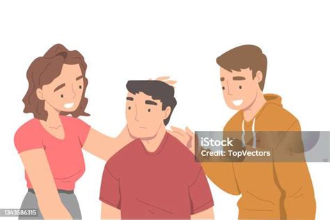 응원과 그의 영혼 벡터 일러스트를 올리는 친구를 지원하는 사람들 캐릭터 마음이 산란해진에 대한 스톡 벡터 아트 및 기타 이미지