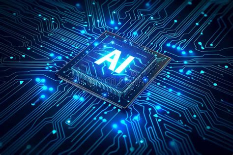 Advanced Ai Chip Cpu On A Circuit Board Illuminated With Blue Lights Stock Illustration