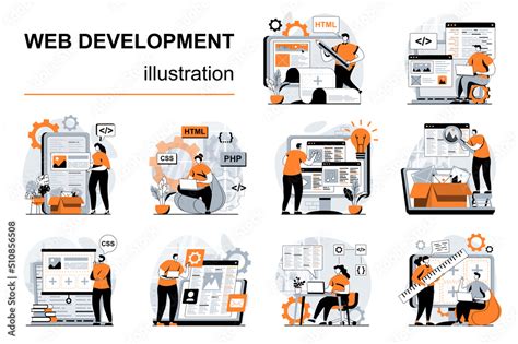 Web Development Concept With People Scenes Set In Flat Design Women