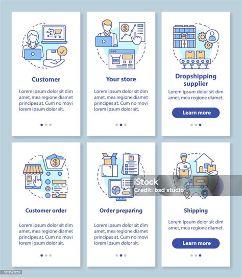 선형 설정 개념으로 모바일 앱 페이지 화면 온보딩 드롭배송 고객 주문 배송 단계 단계 그래픽 지침입니다 Ux Ui 그림이 있는 Gui 벡터 템플릿 직배송에 대한 스톡 벡터
