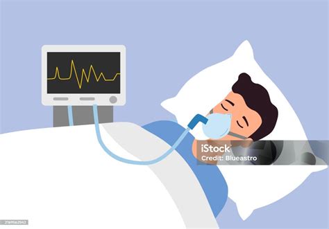 남성 환자를 위한 인공 폐 환기 병원 집중 치료 산소 마스크 벡터 일러스트 레이 션 만화 캐릭터를 가진 남자 폐 인공호흡기