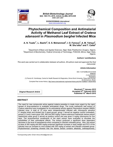 Pdf Phytochemical Composition And Antimalarial Activity Of Methanol