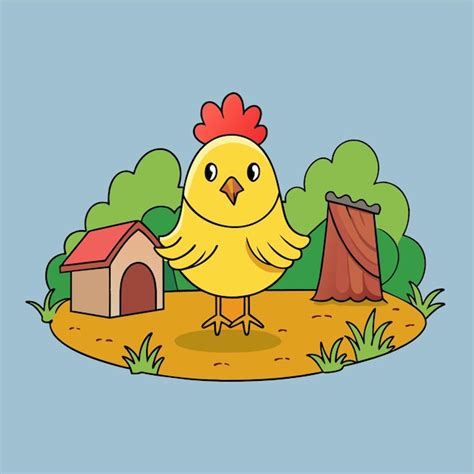 Um Desenho De Uma Galinha Uma Casa Ao Fundo Vetor Premium