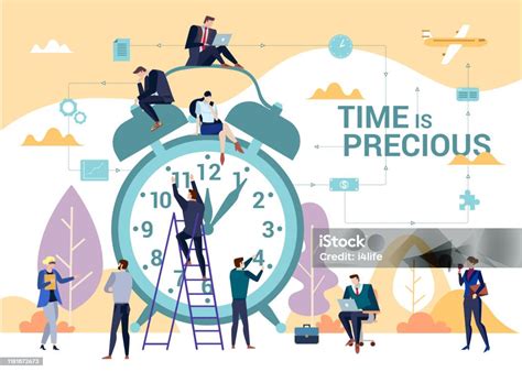 클래식 알람 시계 주위에 모인 사람들과 비즈니스 개념 평면 벡터 일러스트레이션에서 시간의 중요성 시간 작업 관리 및 생산성 테마는 귀중한 단어입니다 공기 역학에 대한 스톡