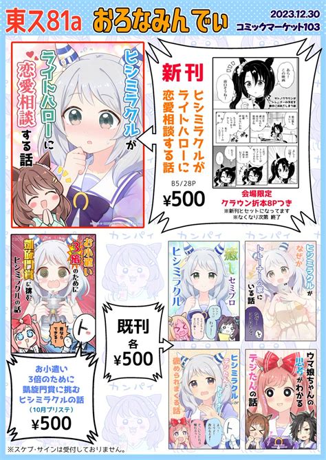 冬コミおしながきです 新刊には会場限定の折本がつきます 折本はなくなり次第 終了 日付 1日目 12 30 犬飼りっぽの漫画