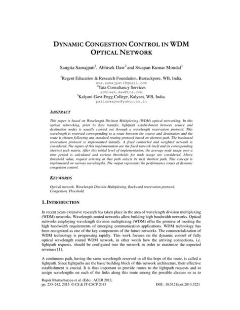 Dynamic Congestion Control In Wdm Optical Network Pdf