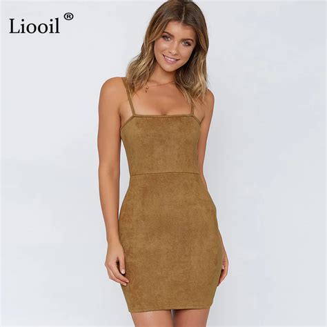 Liooil Sheath Strapless Spaghetti Strap Suede Mini Dress Women Summer
